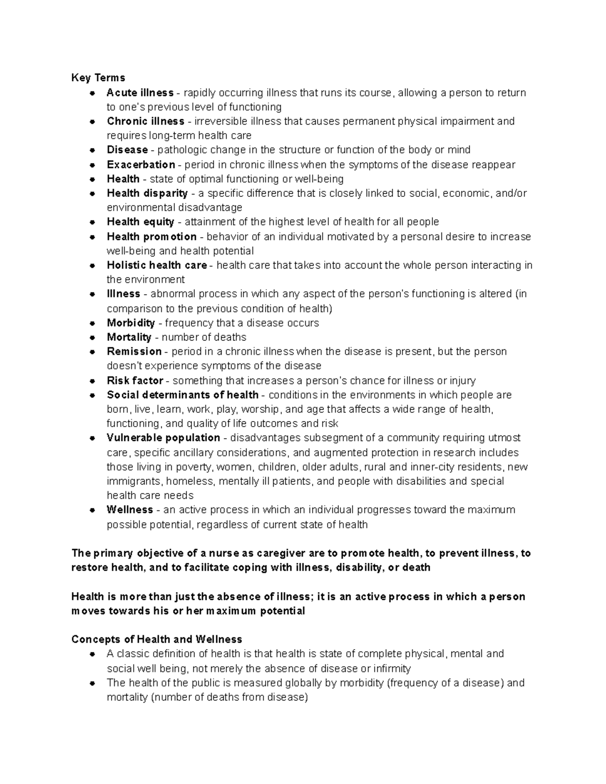 Ch 3 Health, Wellness and Health Disparities - Key Terms Acute illness ...