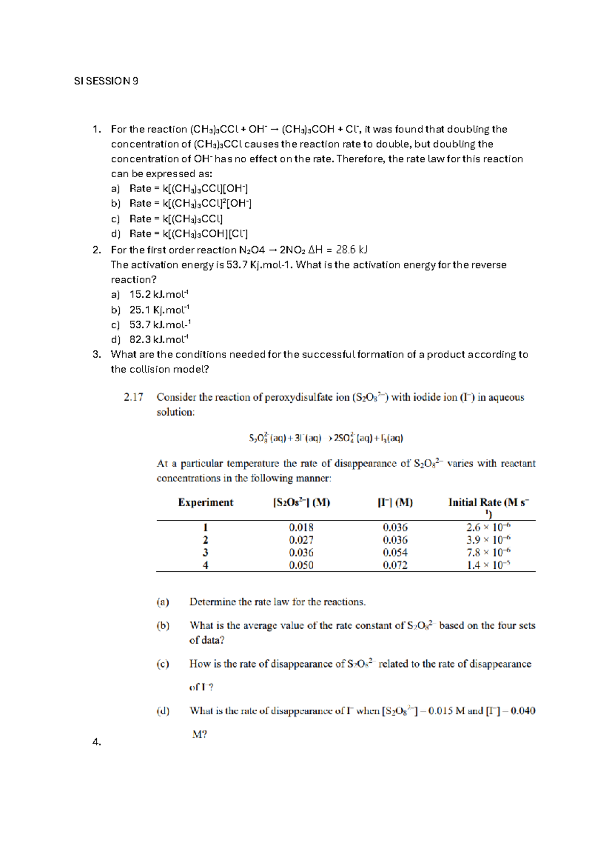 SI Session 9 - chem 120 SI9 - SI SESSION 9 For the reaction (CH 3 ) 3 ...