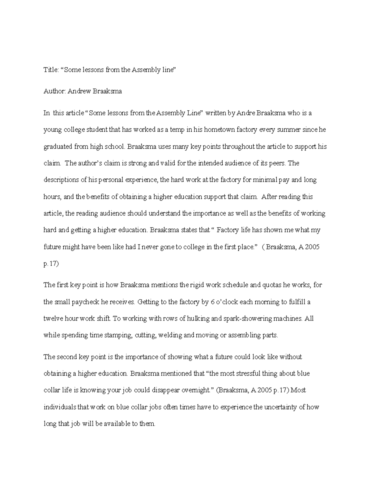 Eng 122 Writing Plan - "Lessons from the assembly line" - Title: “Some ...