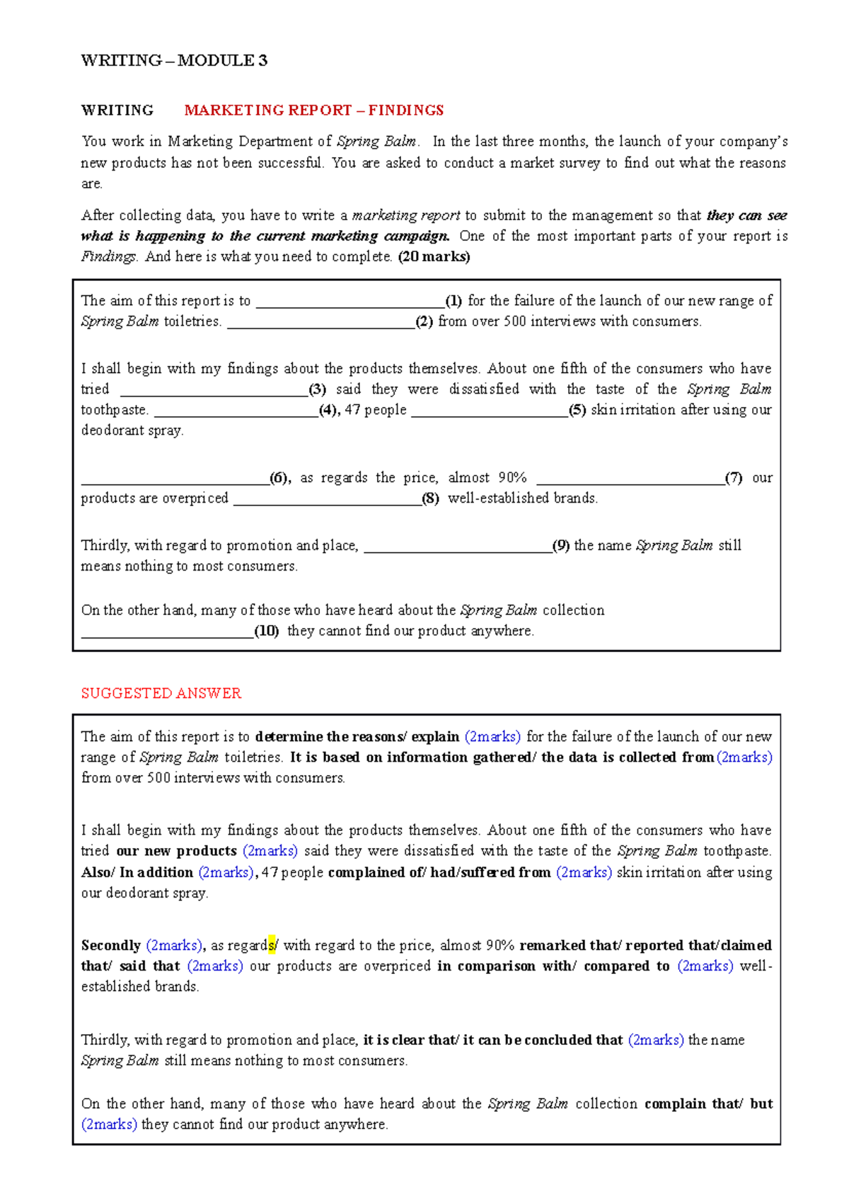 Writing Module 3 - Đề bài - WRITING – MODULE 3 WRITING MARKETING REPORT ...