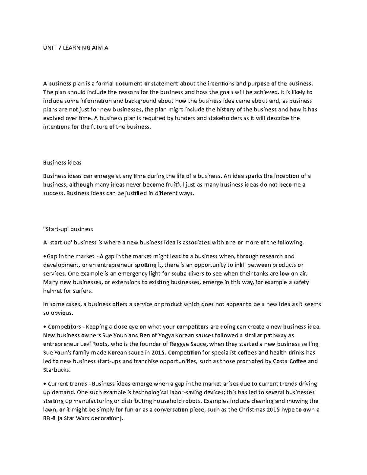 Pearson BTEC National Business Unit 7 Learning Aim A - UNIT 7 LEARNING ...