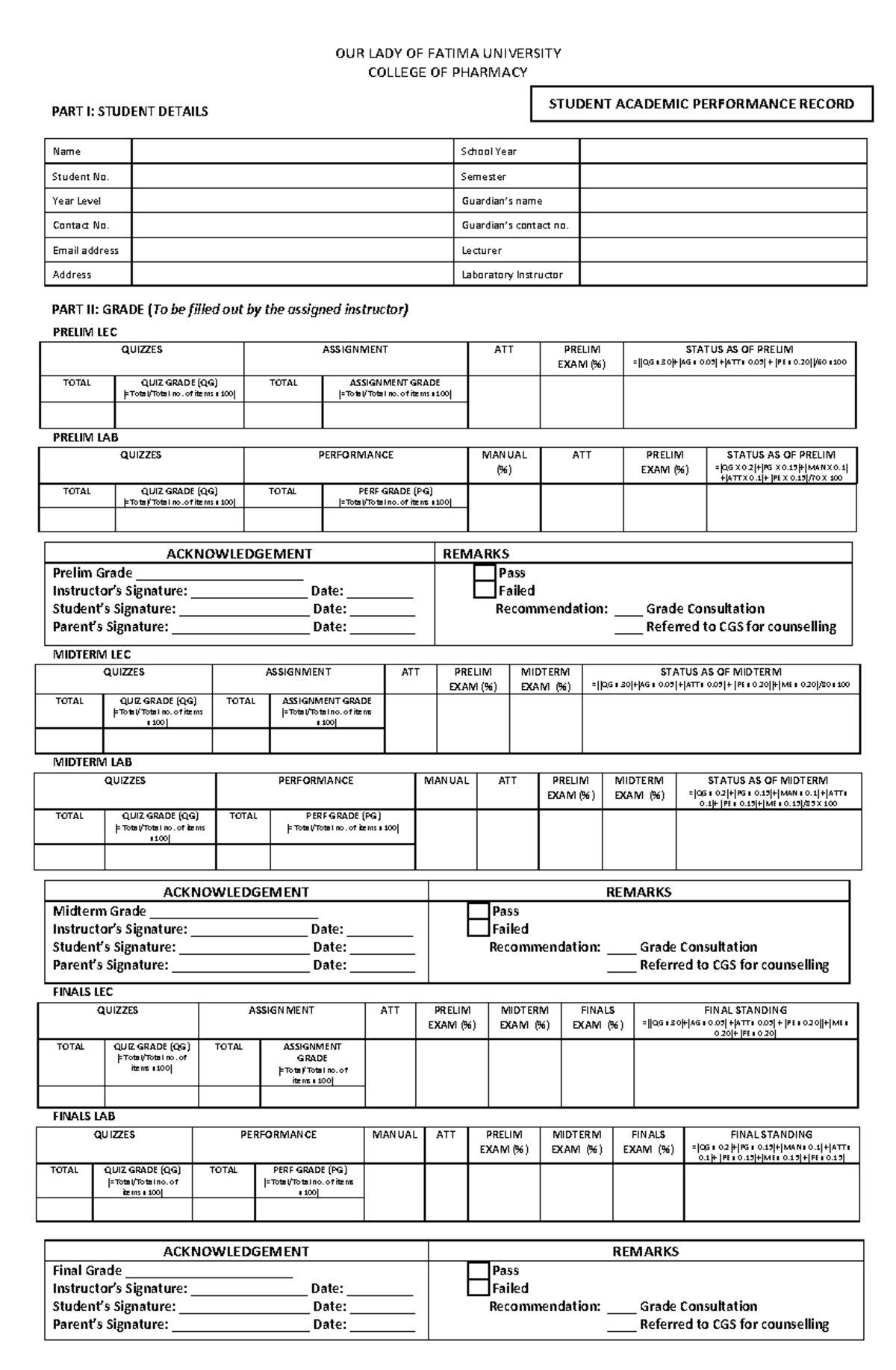 Student Academic Performance Record - OUR LADY OF FATIMA UNIVERSITY ...