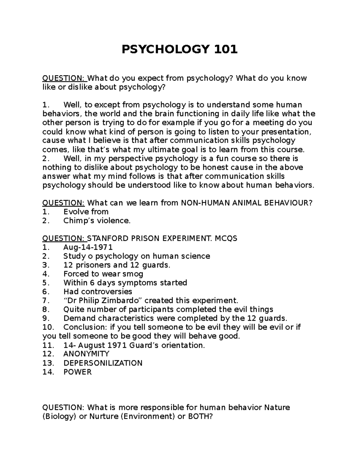 Psychology 101 - PSYCHOLOGY 101 QUESTION: What do you expect from ...