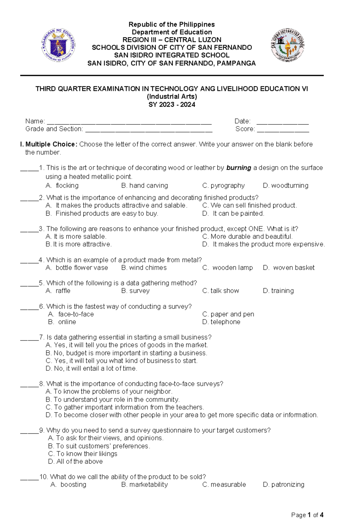 TLE-6-Q3-IA-Periodical-Test-2023-2024 - Republic of the Philippines ...