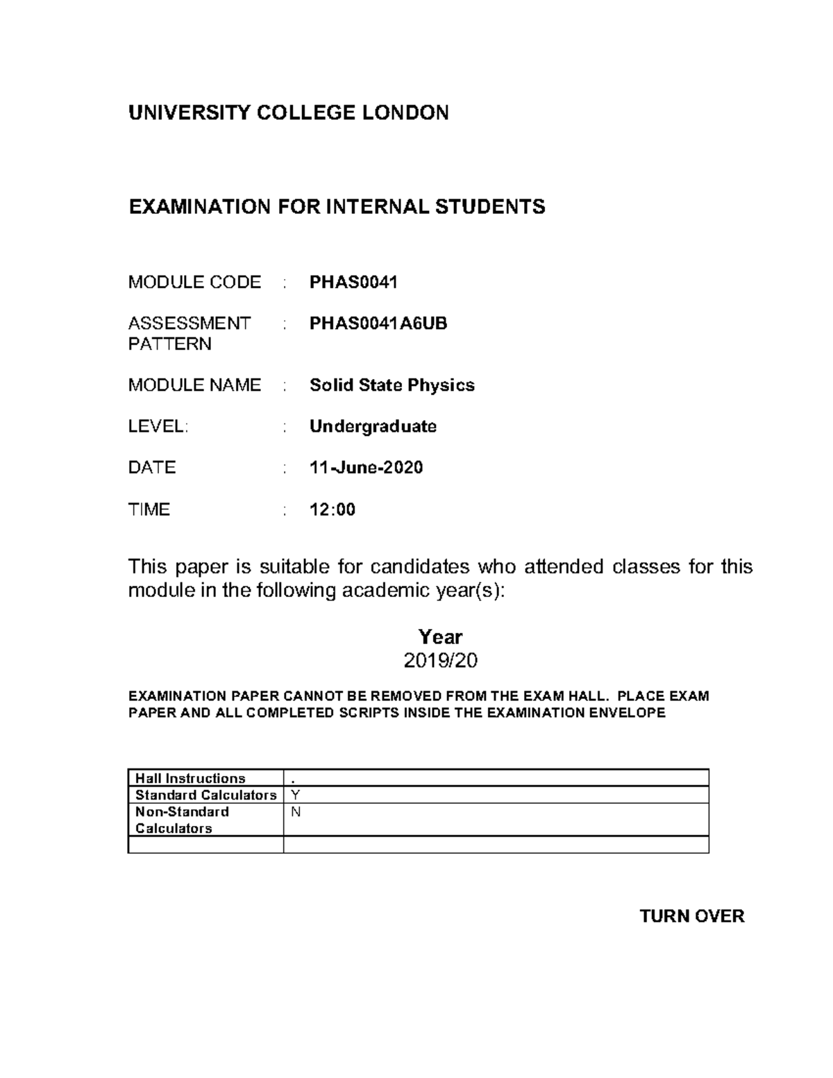 PHAS0041A6UB 2020 Solid State exam - UNIVERSITY COLLEGE LONDON EXAMINATION FOR INTERNAL STUDENTS ...