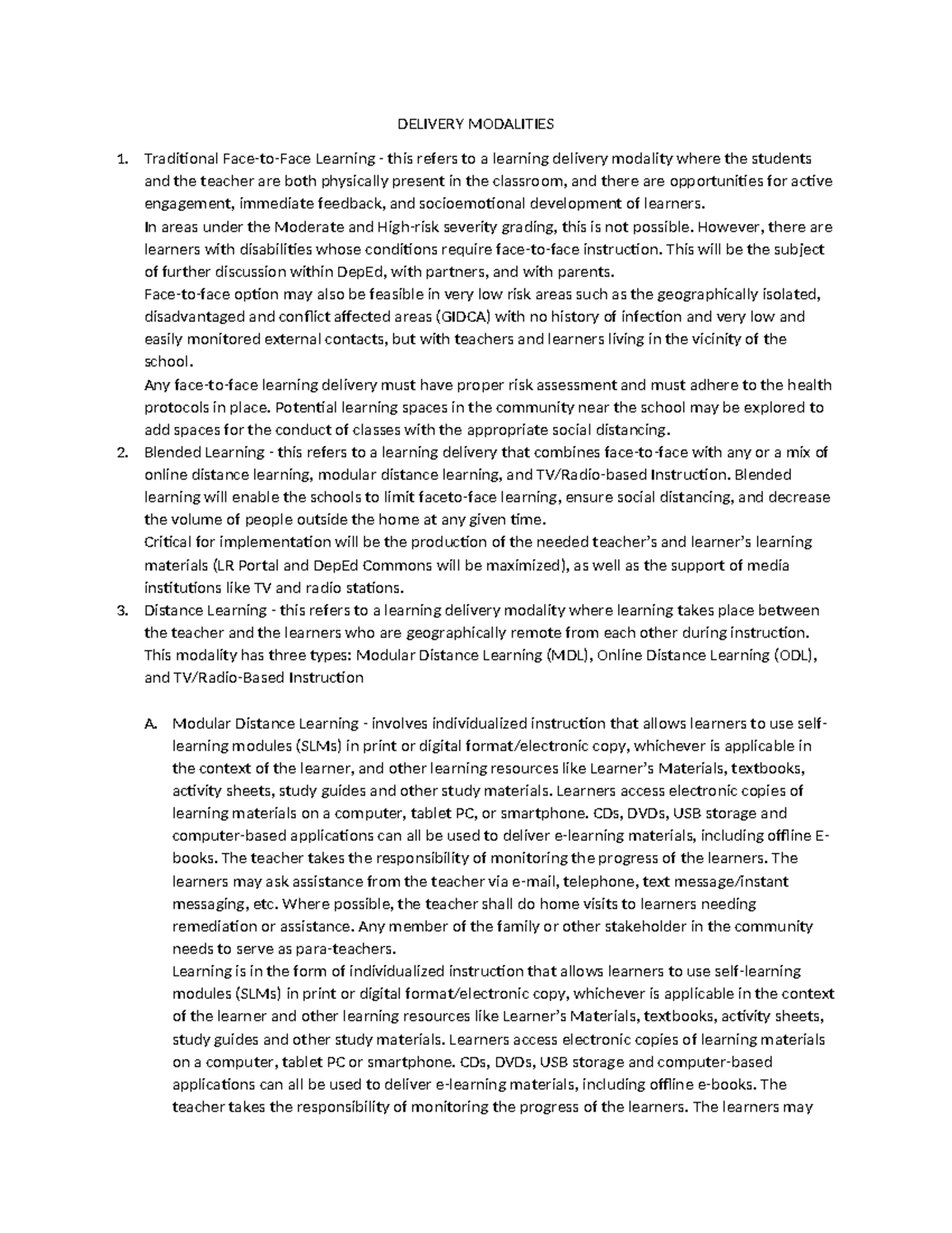 Unit 3 Lesson 1 Delivery Modalities - DELIVERY MODALITIES Traditional ...