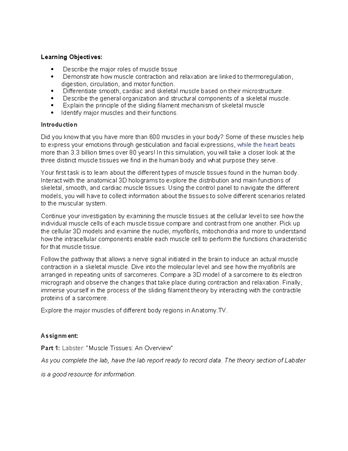 BIOS252 Week 1 Online Muscular System - Learning Objectives: Describe ...