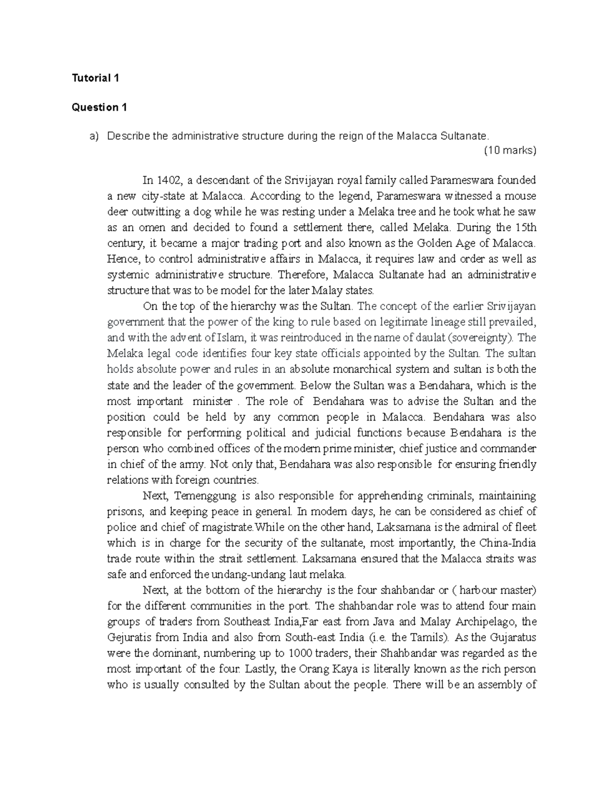 Tutorial LAW434 - Tutorial 1 Question 1 a) Describe the administrative structure during the ...