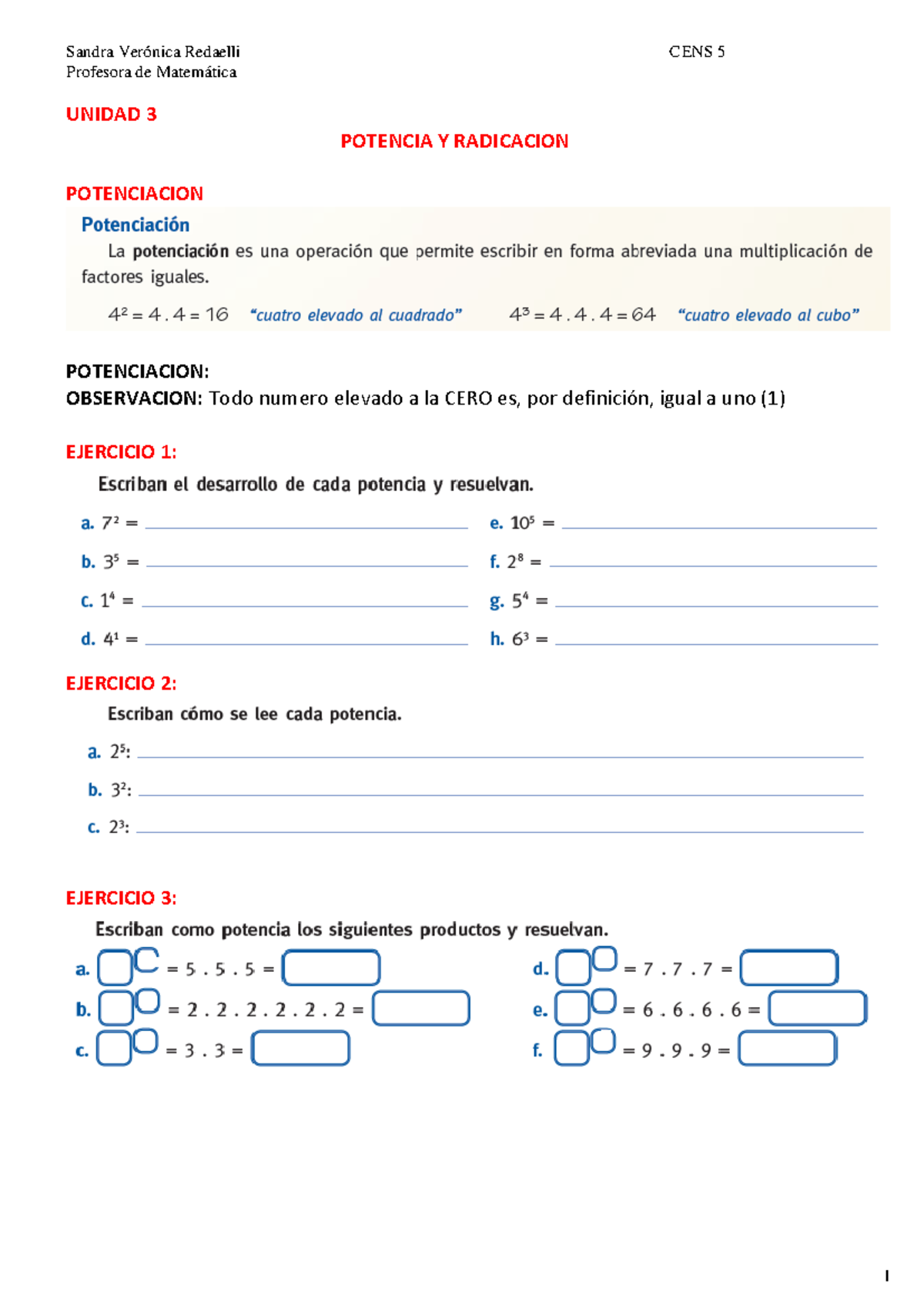 Unidad 3 - Profesora de Matemática UNIDAD 3 POTENCIA Y RADICACION ...