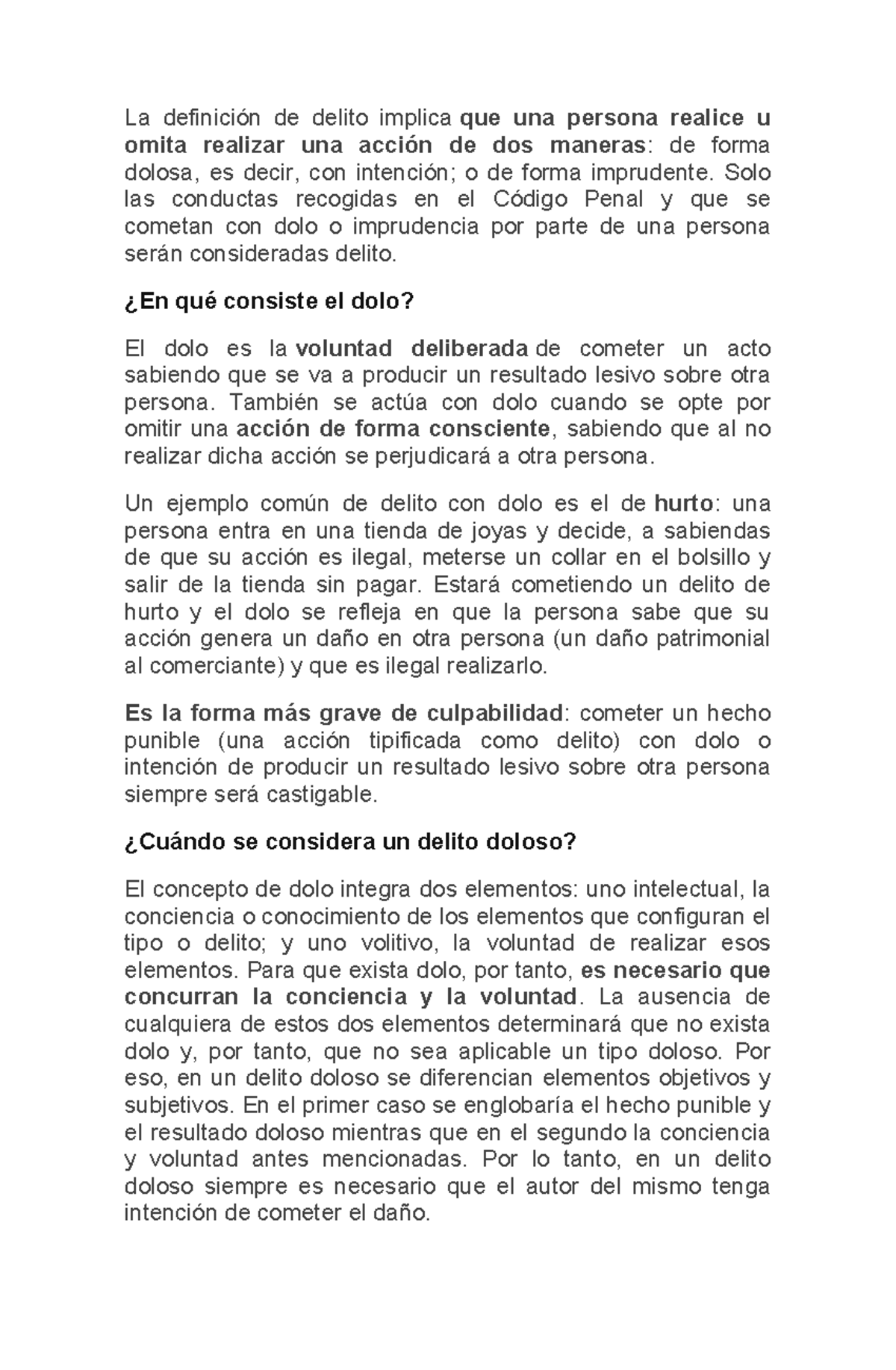 Dolo, culpa y preterintencional - La definición de delito implica que ...