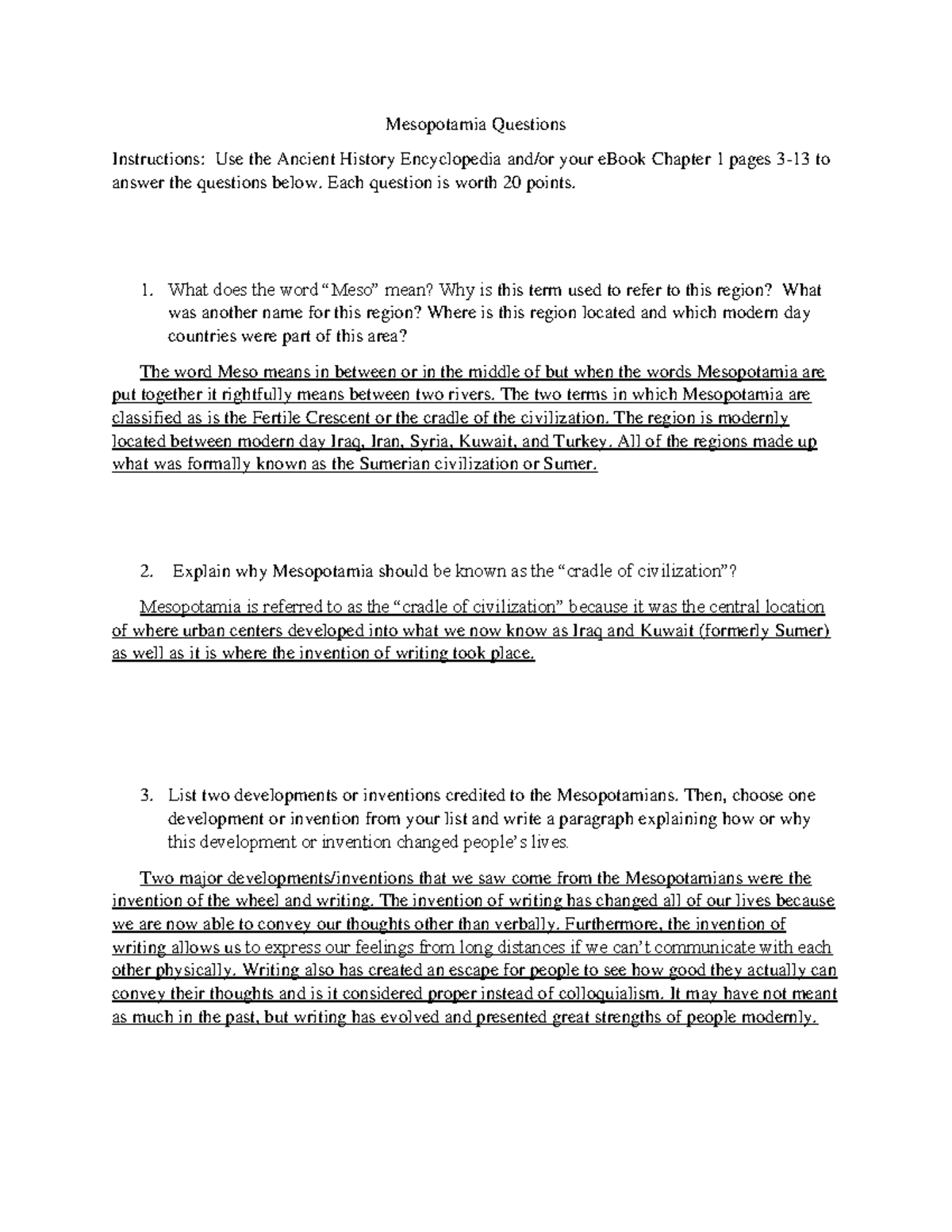 Mesopotamia Questions - Mesopotamia Questions Instructions: Use the ...