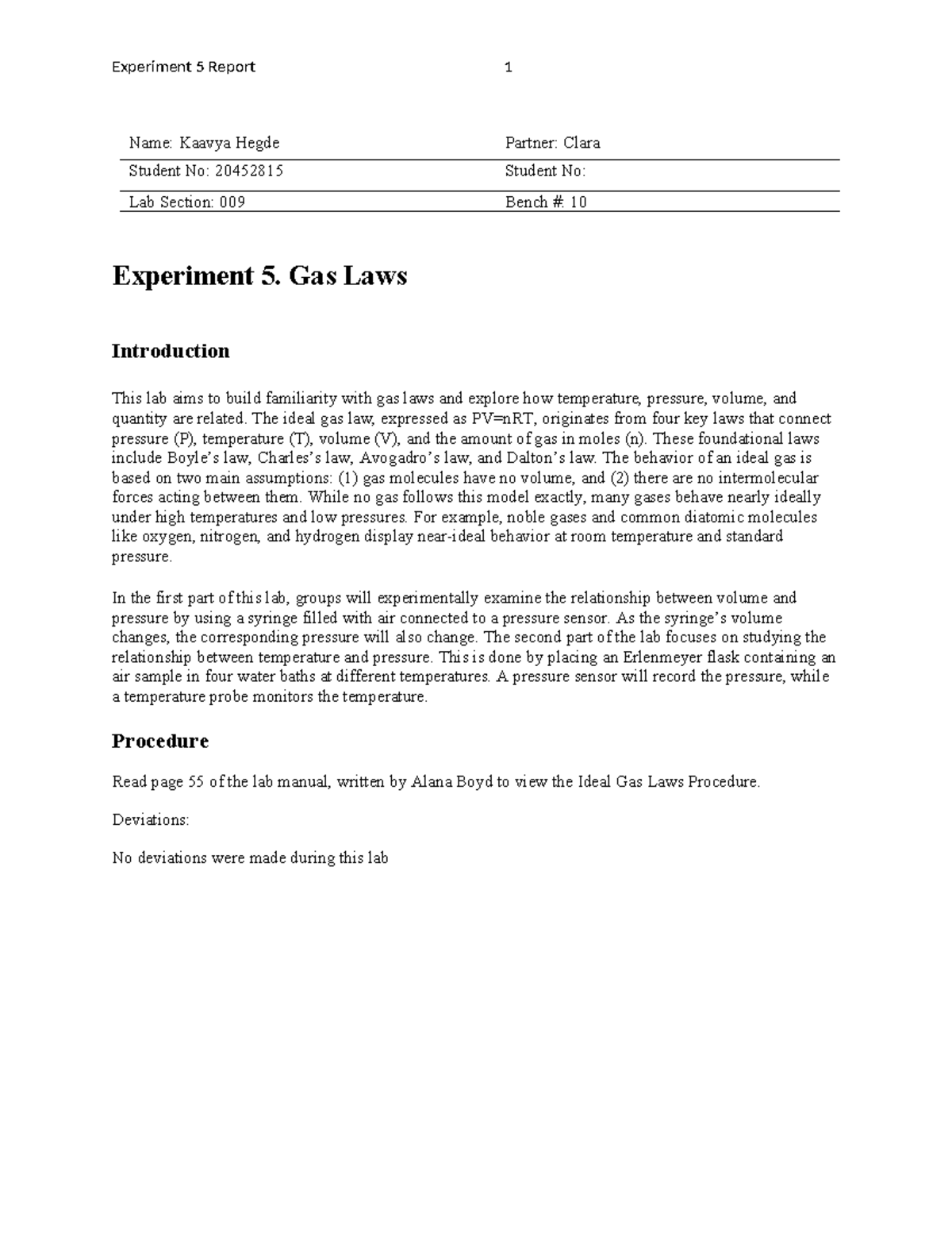 Kaavya Hegde - Gas Laws - gas laws lab report - Name: Kaavya Hegde ...