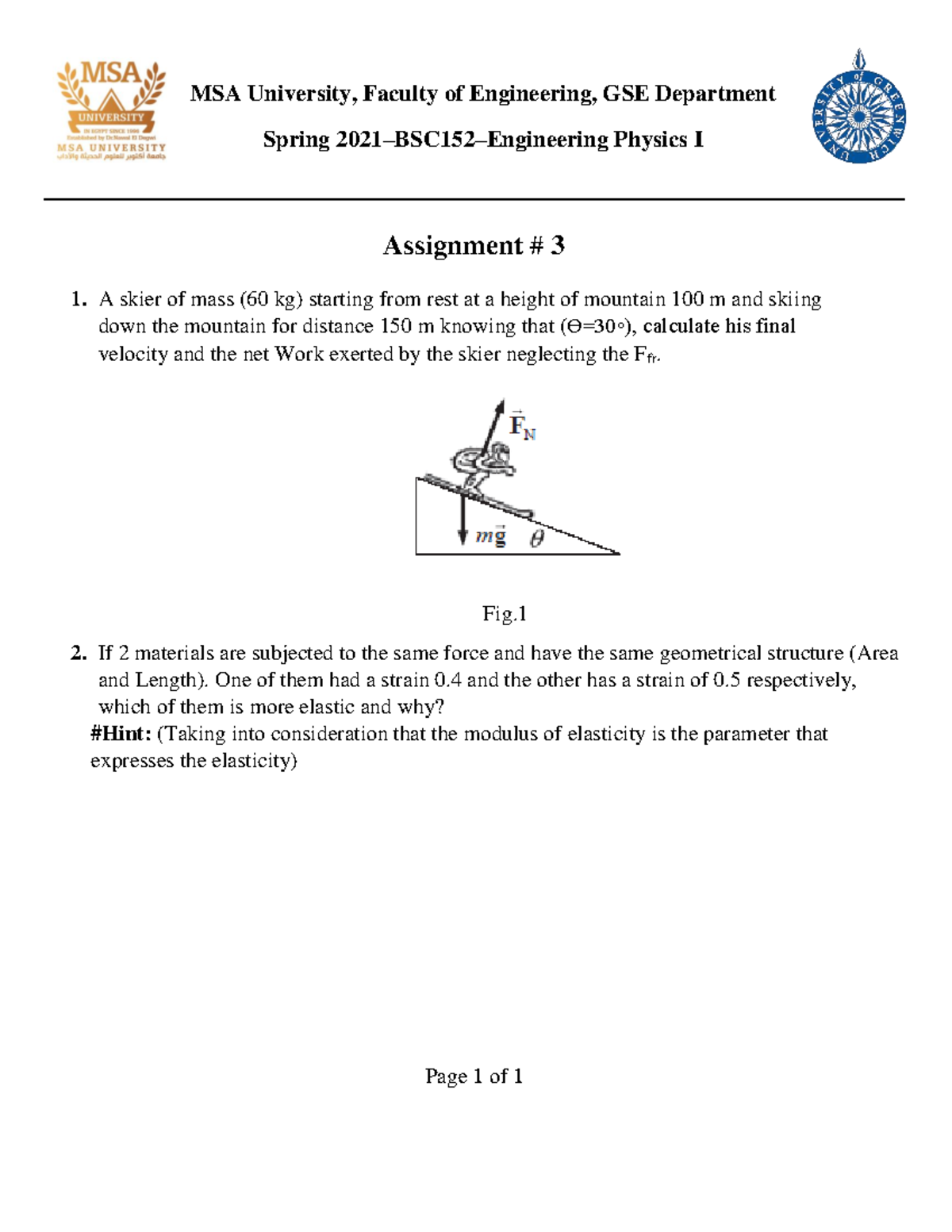 Assignment 3 spring 2021 - MSA University, Faculty of Engineering, GSE Department Spring - Studocu