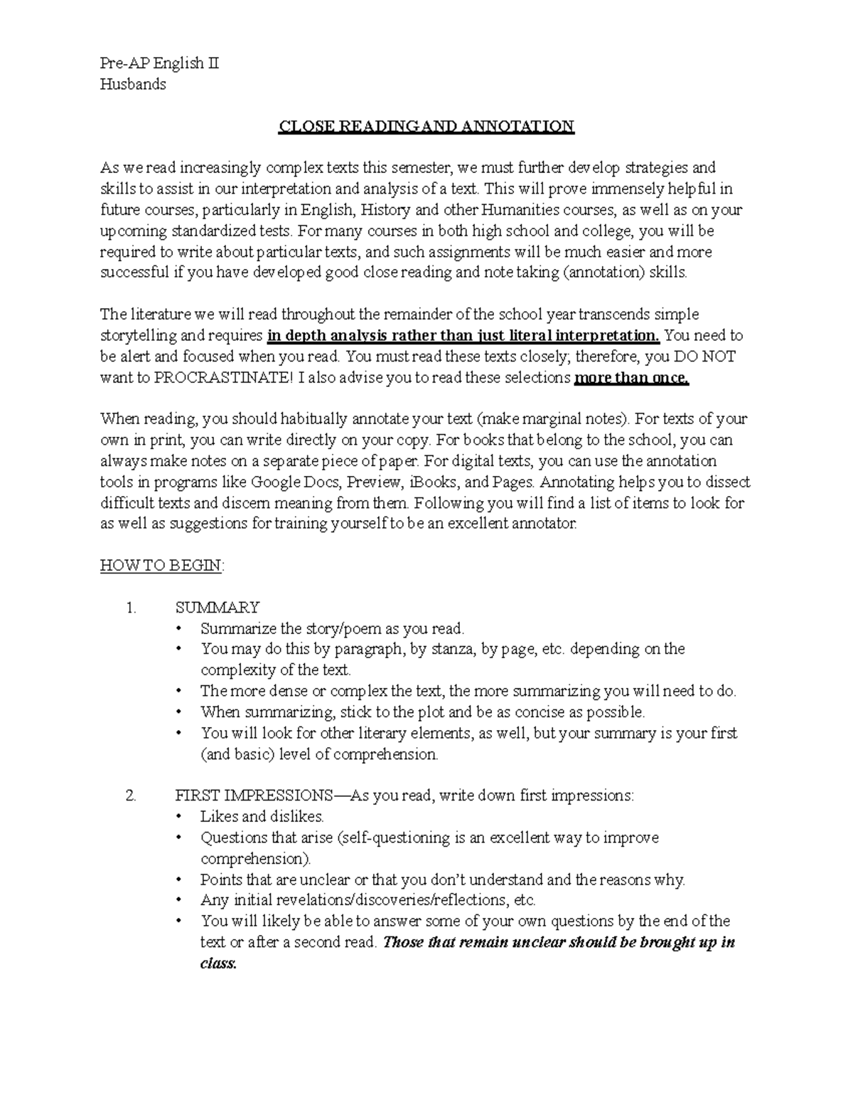 Annotation - aasfdsafds - Pre-AP English II Husbands CLOSE READING AND ...