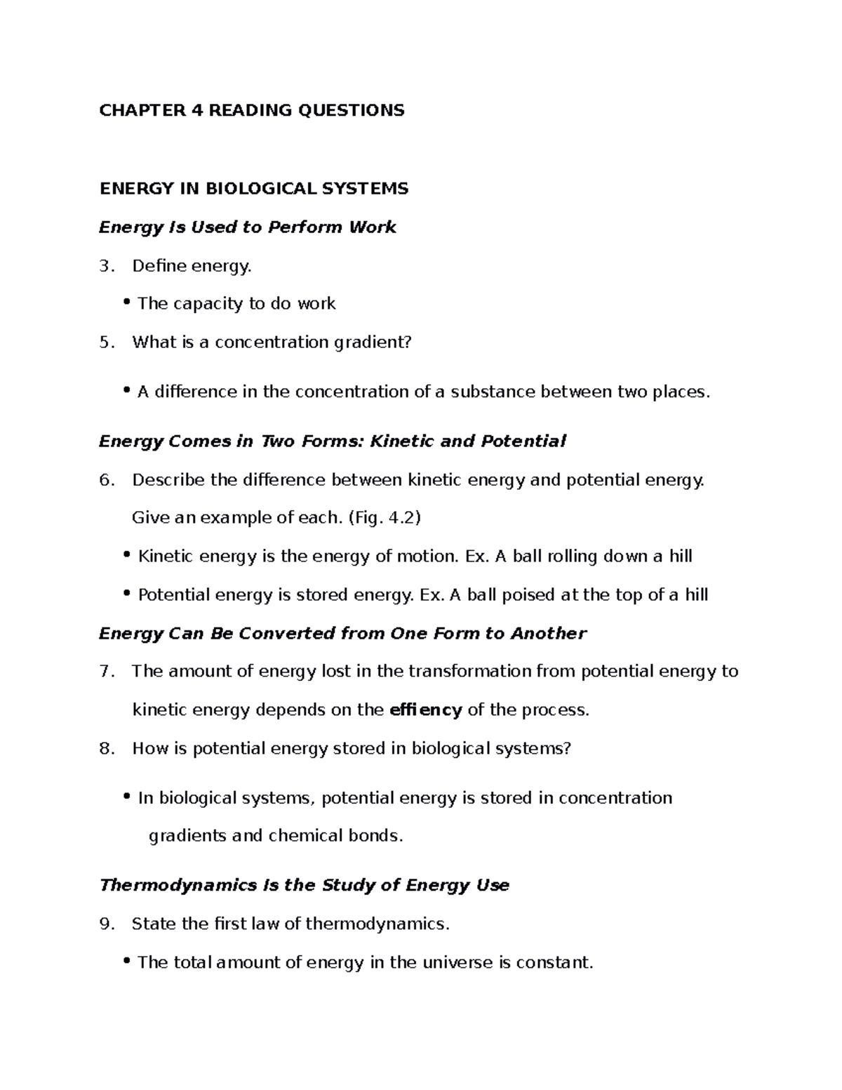 Chapter 4 Reading Questions - CHAPTER 4 READING QUESTIONS ENERGY IN ...