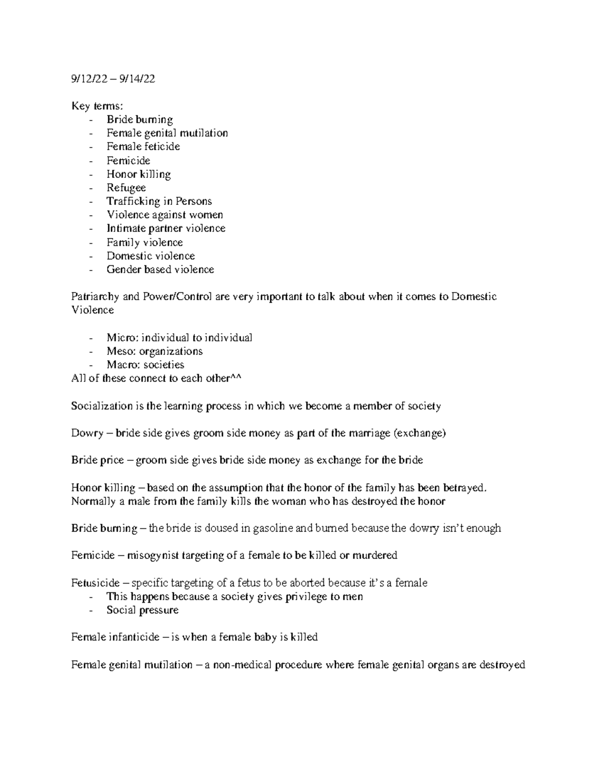 Criminology Notes '22 - 9/12/22 – 9/14/ Key terms: - Bride burning ...