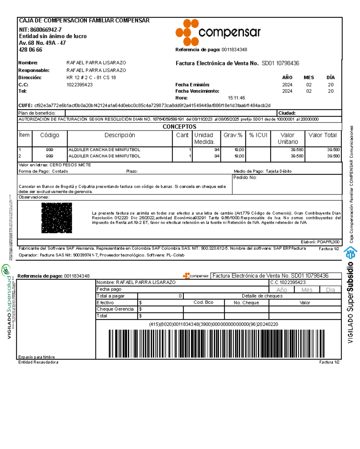 Factura DE Venta SD0110798436 860066942 - CAJA DE COMPENSACIÓN FAMILIAR ...