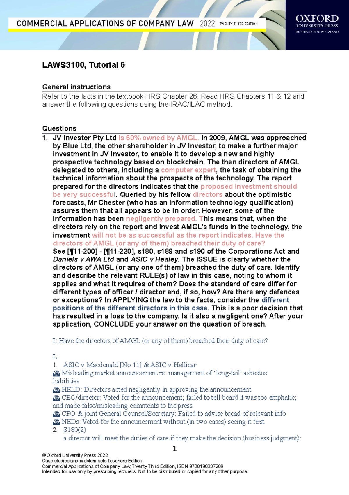 LAWS3100 - 122 - LAWS3100, Tutorial 6 General instructions Refer to the ...