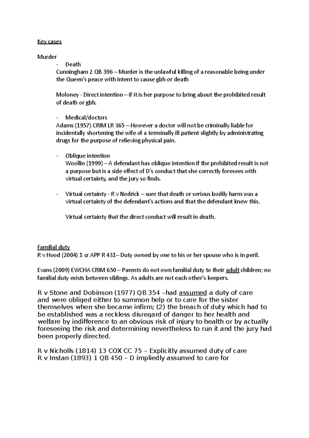 Key cases - Murder, GN and reckless masnalughter - Key cases Murder ...