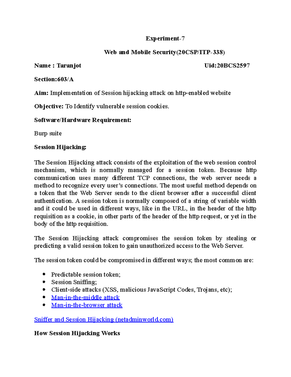Experiment 7 (Wms) - Wms - Experiment- Web and Mobile Security(20CSP/ITP-338) Name : Taranjot ...