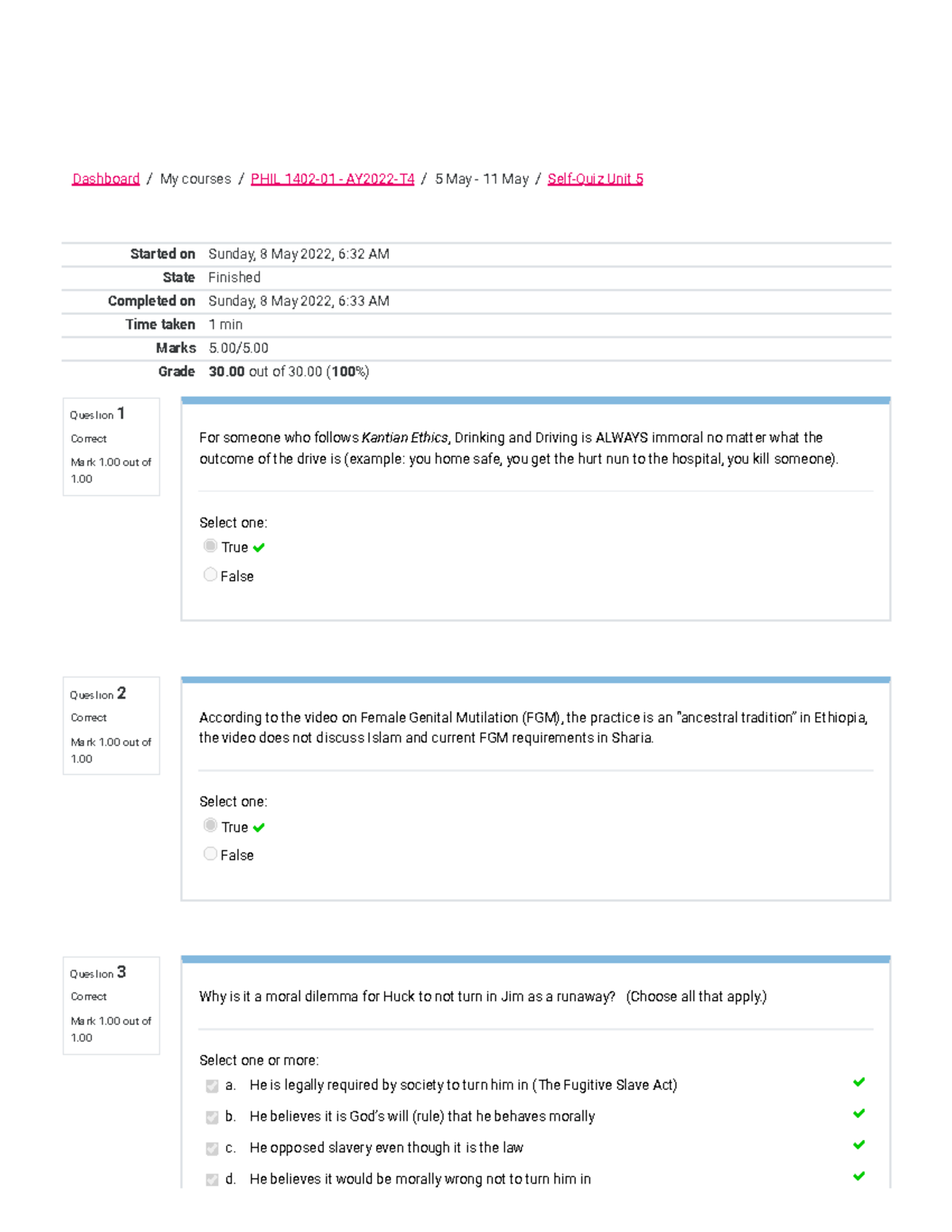 Self Quiz Unit 5 Attempt Review Question 1 Correct Mark 1 Out Of 1 Question 2 Correct Mark 1