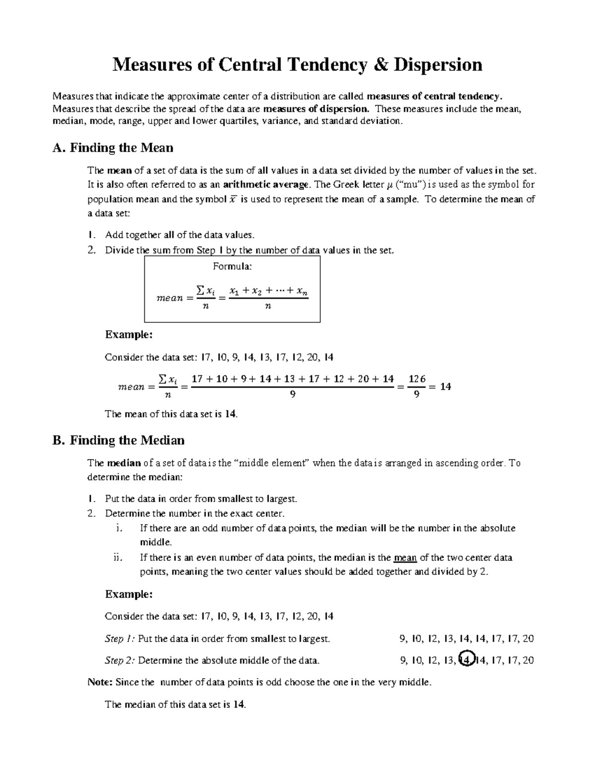 Measures of Central Tendency 2014 - Formula: ∑ Measures of Central ...