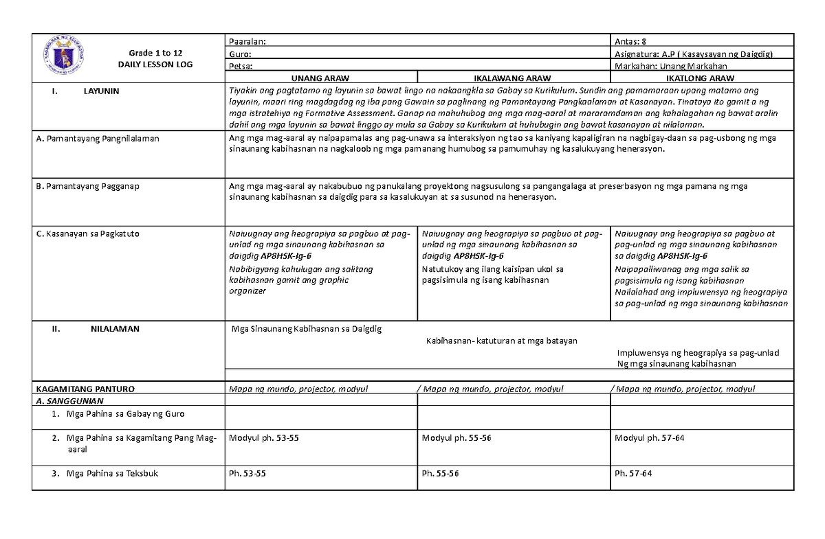 Final AP8 First LC6-10 - Lesson Plan - Grade 1 to 12 DAILY LESSON LOG Paaralan: Antas: 8 Guro ...
