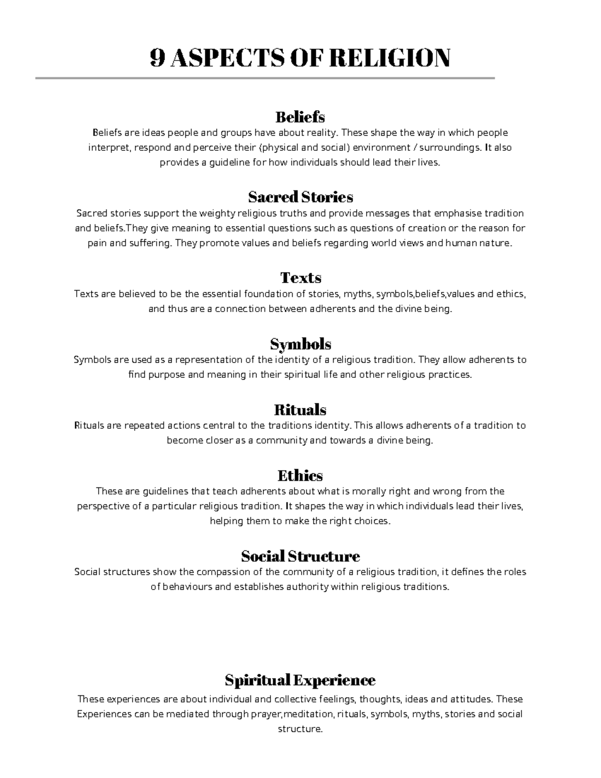 Aspects of Religion - 9 ASPECTS OF RELIGION Beliefs Beliefs are ideas ...
