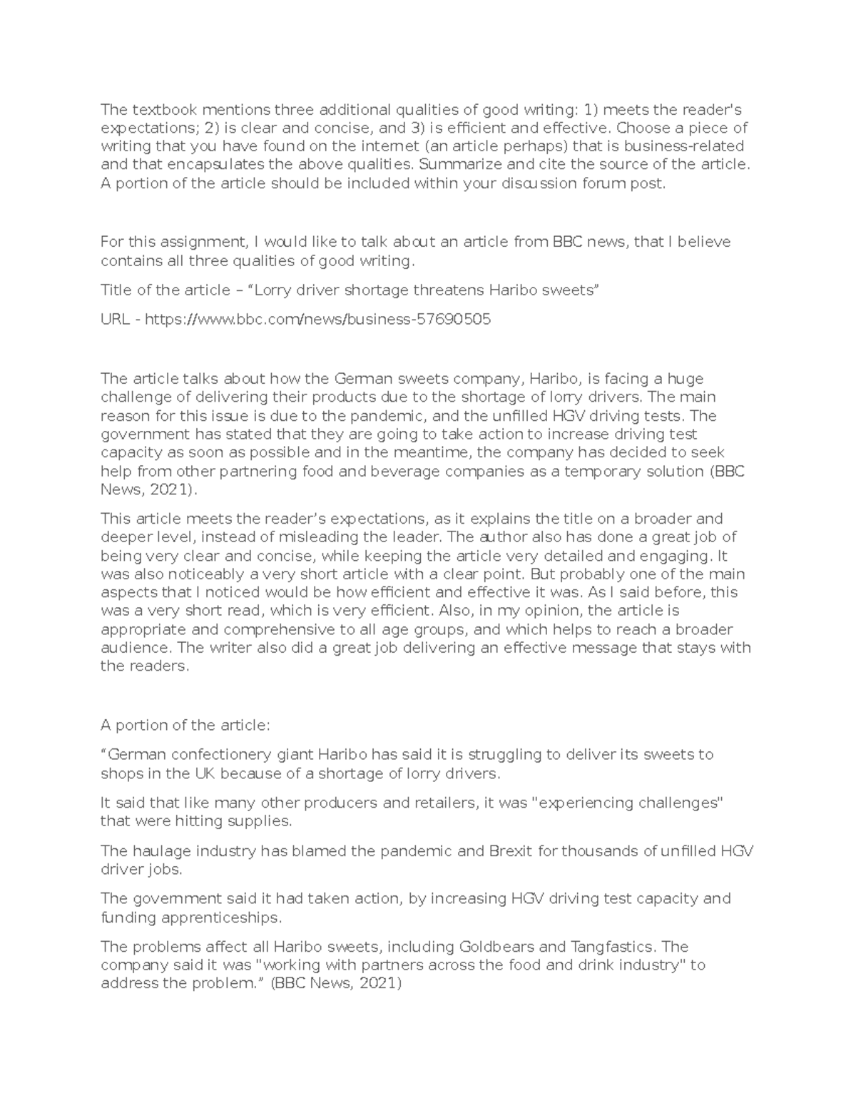 Discussion post - The textbook mentions three additional qualities of good writing: 1) meets the ...