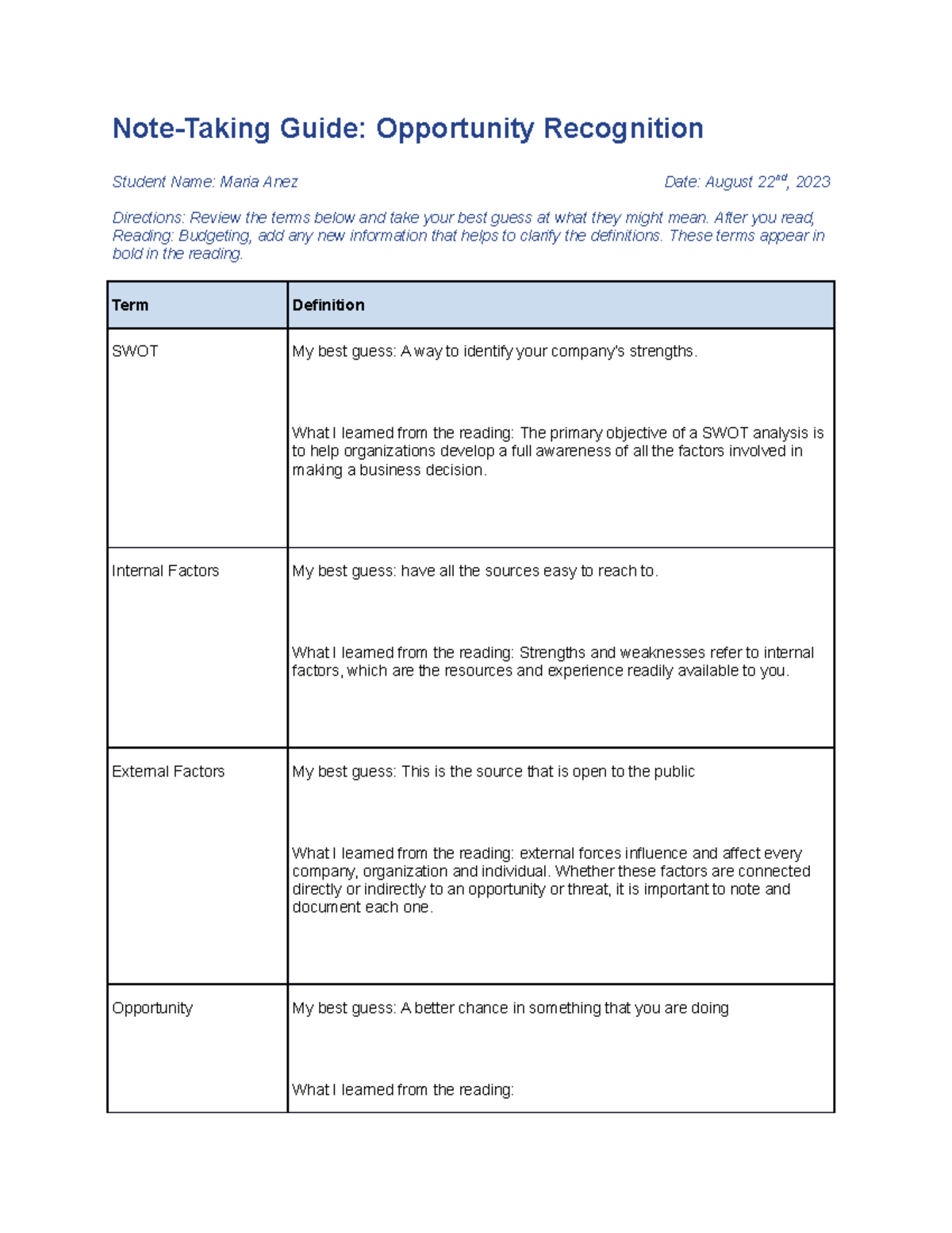 Opportunity Recognition - answered - Note-Taking Guide: Opportunity ...