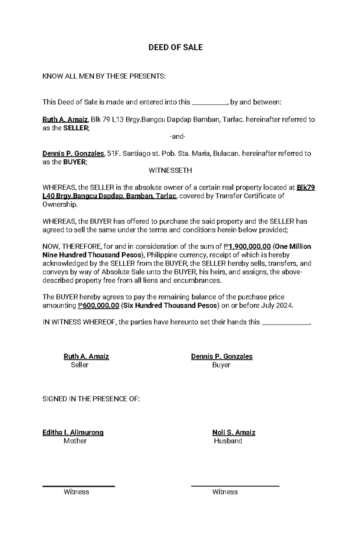 Deed of Sale sample - DEED OF SALE KNOW ALL MEN BY THESE PRESENTS: This ...