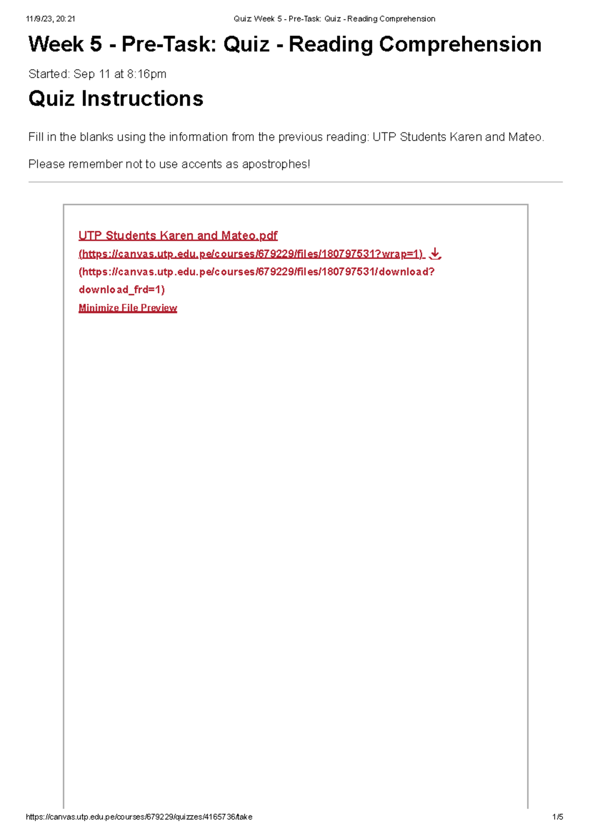 Quiz Week 5 - Pre-Task Quiz - Reading Comprehension - Week 5 - Pre-Task: Quiz - Reading - Studocu