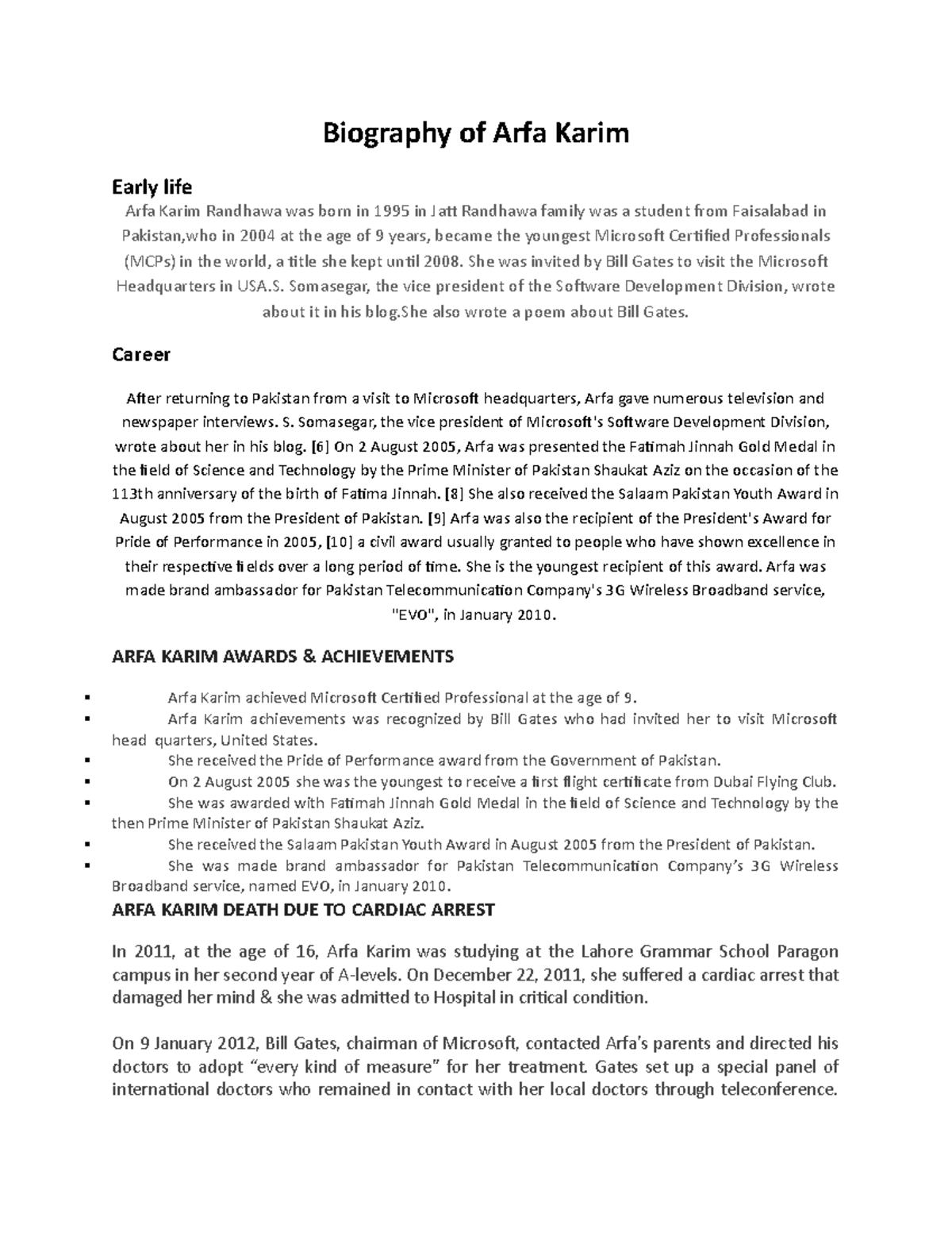 Biography of Arfa Karim - Biography of Arfa Karim Early life Arfa Karim ...