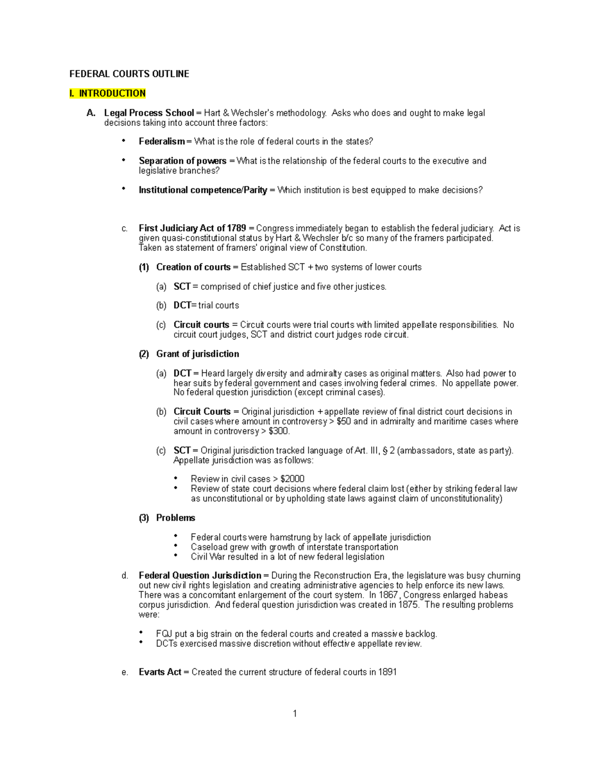 Hershkoff f98 - Federal Courts Outline - FEDERAL COURTS OUTLINE I ...