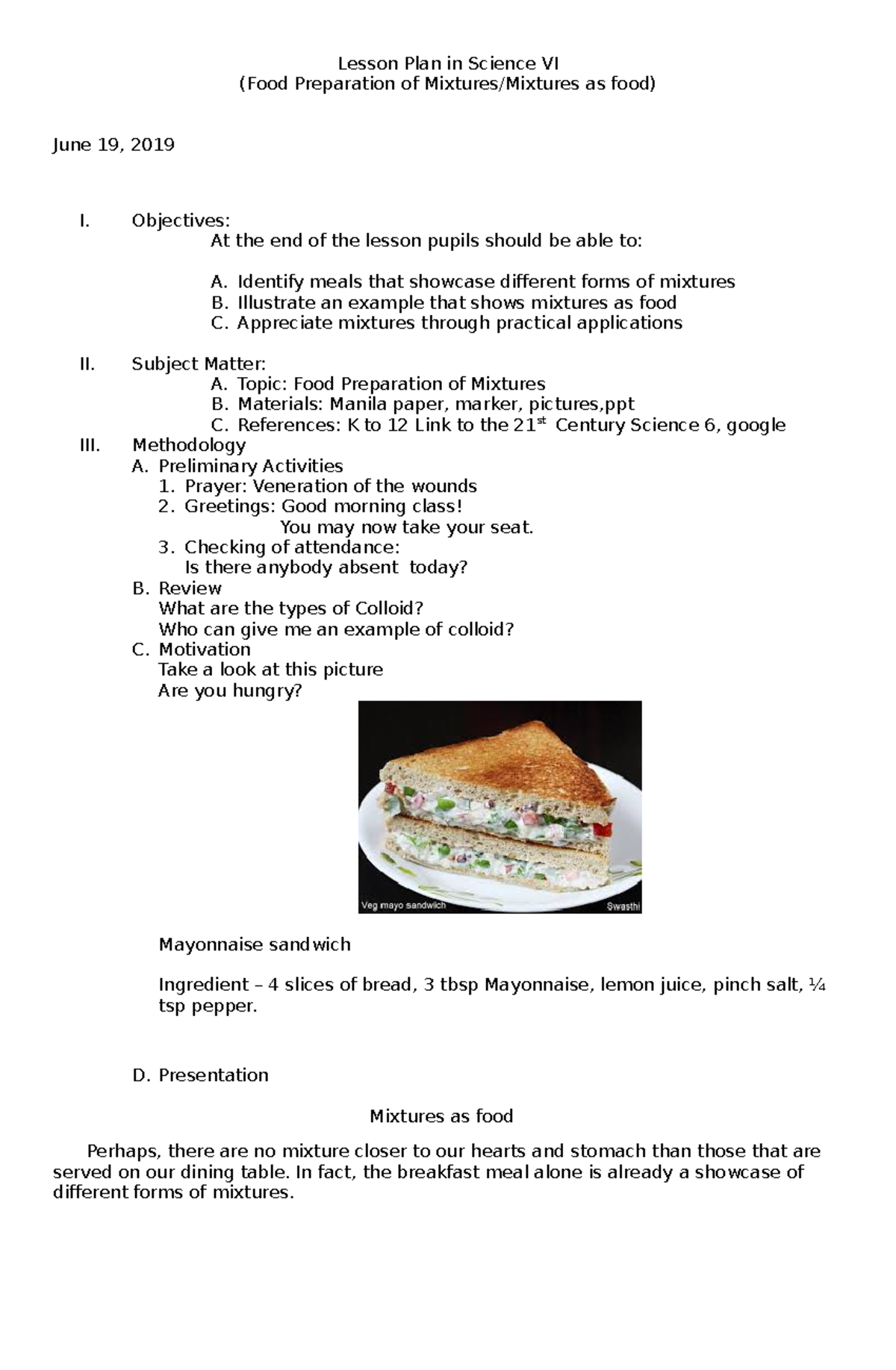 Lesson Plan in Science VI - Lesson Plan in Science VI (Food Preparation ...