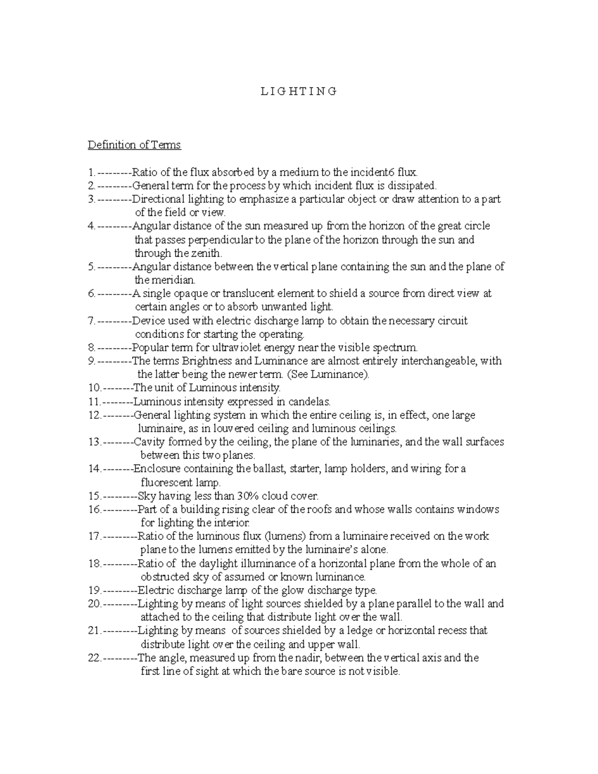 SAT Lighting - L I G H T I N G Definition of Terms 1.-Ratio of the flux ...