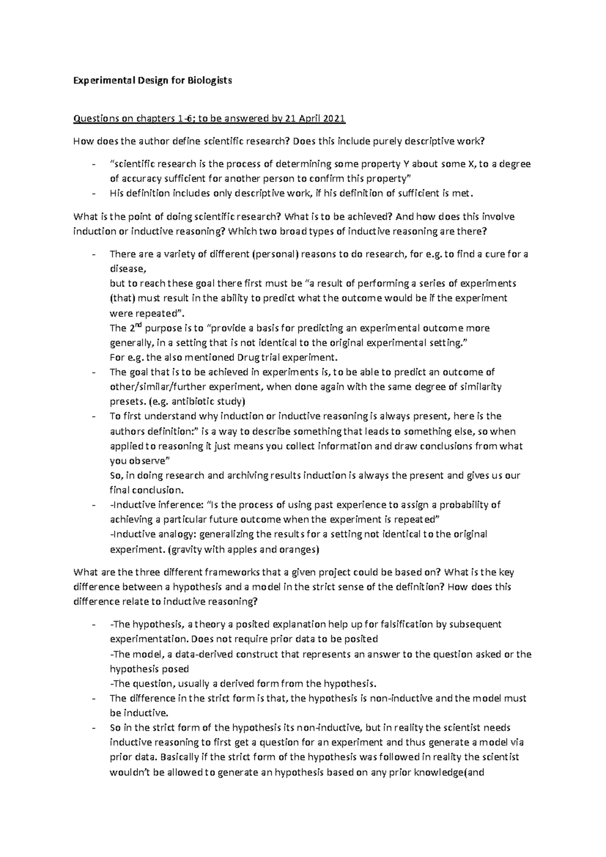 Questions on chapters 1-6 - Experimental Design for Biologists ...