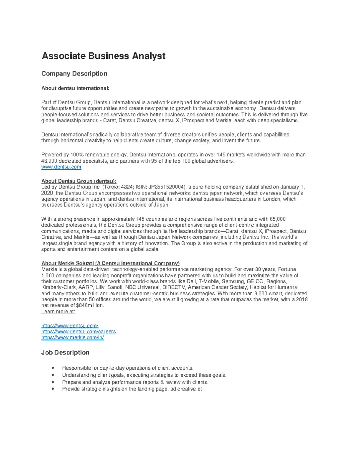 JD Associate Business Analyst - Associate Business Analyst Company ...