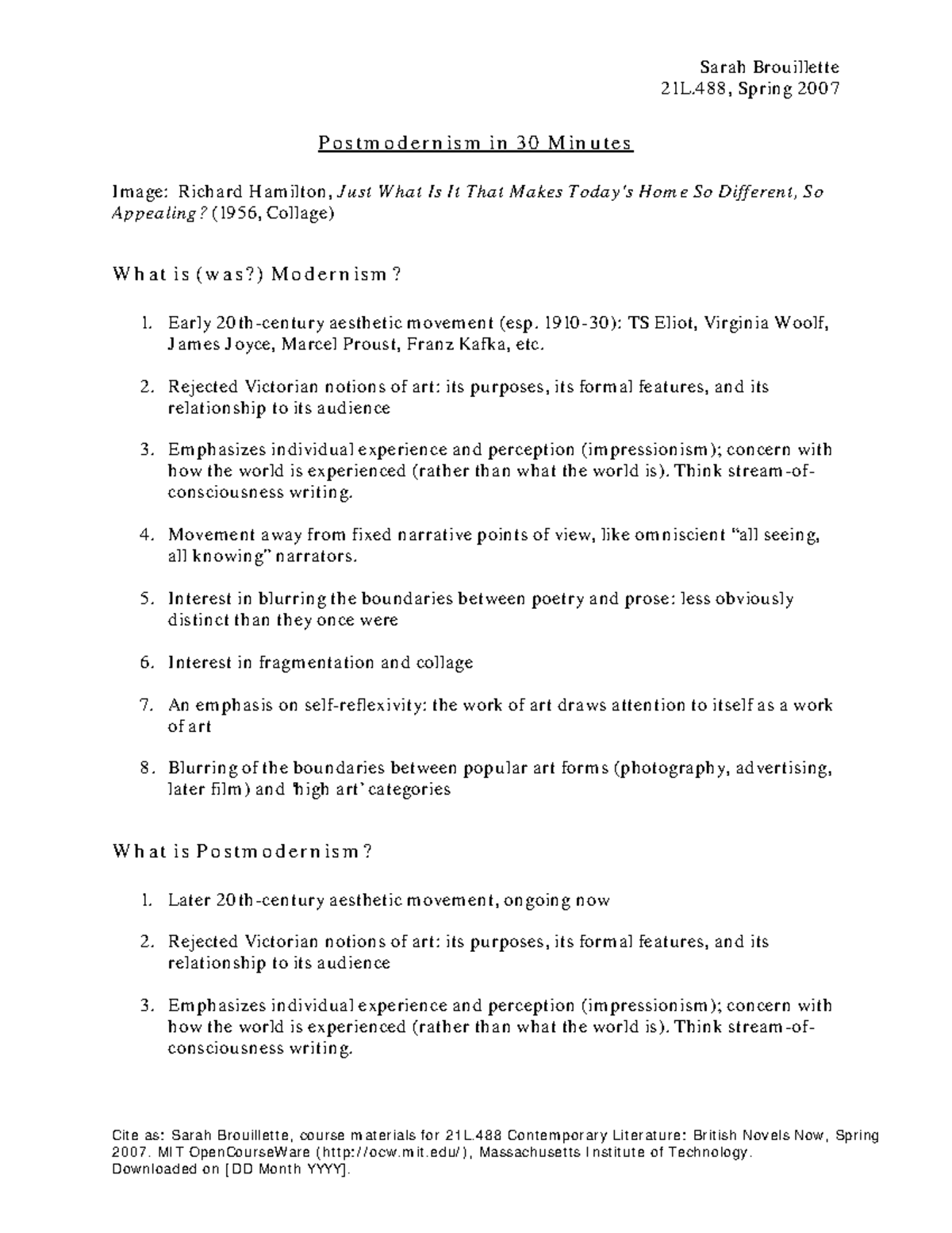 Postmodernism - Sarah Brouillette 21L, Spring 20 0 7 Po s tm o d e rn ...