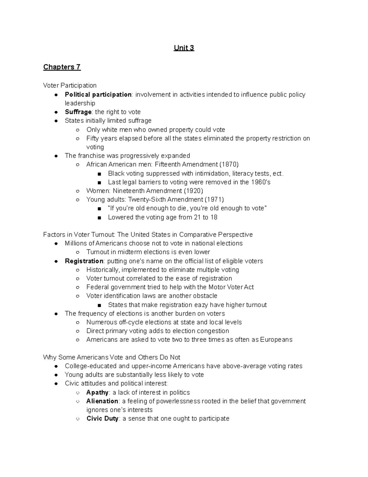 POSI - Unit 3 - Peter Gazda - Unit 3 Chapters 7 Voter Participation ...