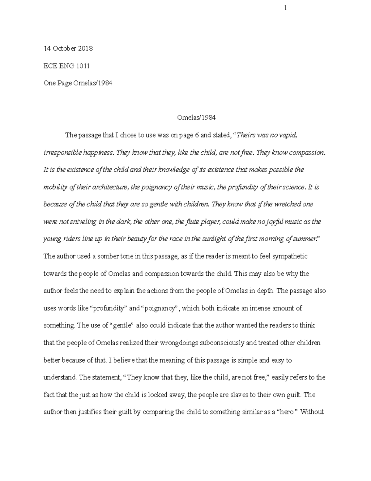 ONE Pager 1984 ECE ENG - 1 14 October 2018 ECE ENG 1011 One Page Omelas ...