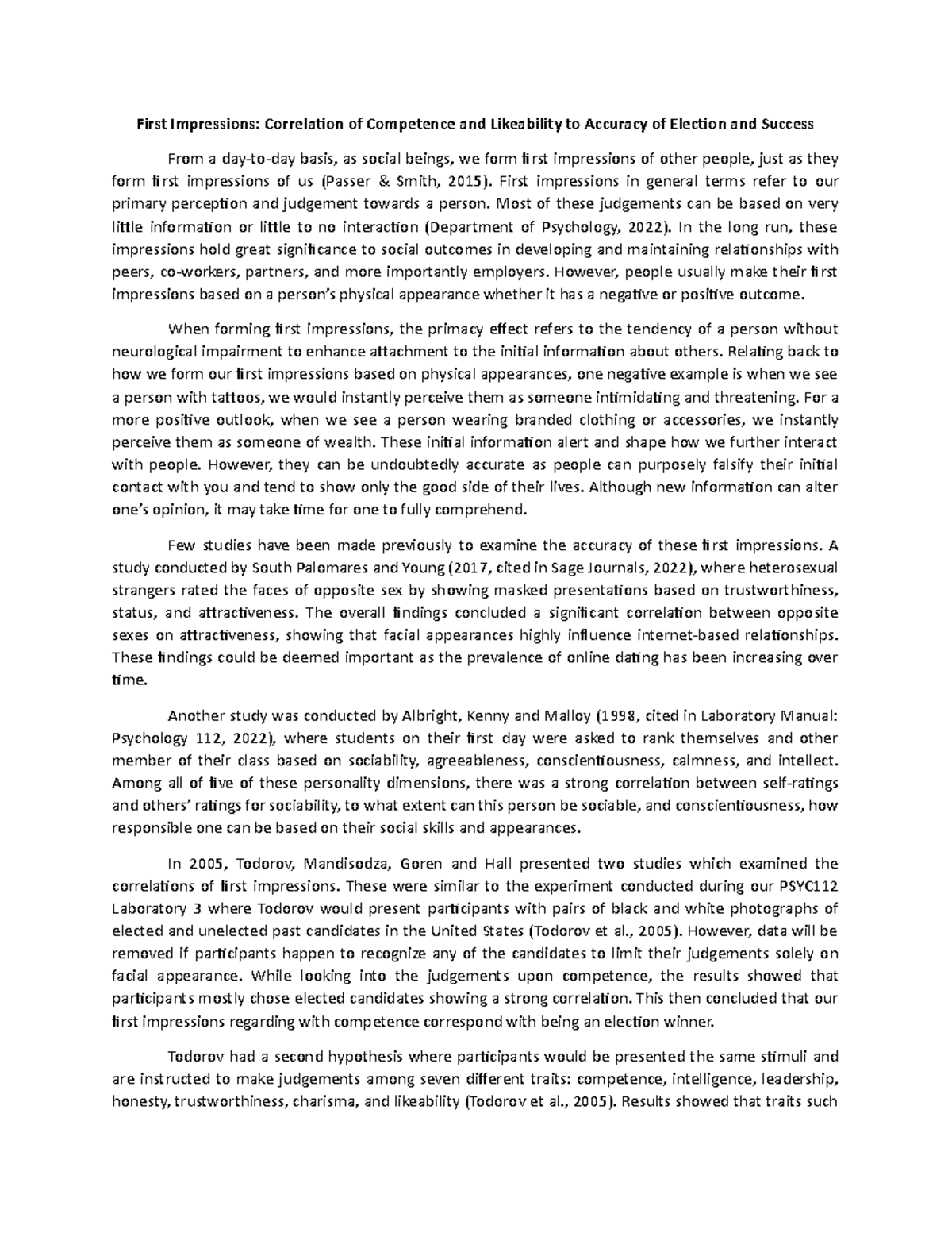 Mini report PSYC112 - First Impressions: Correlation of Competence and ...