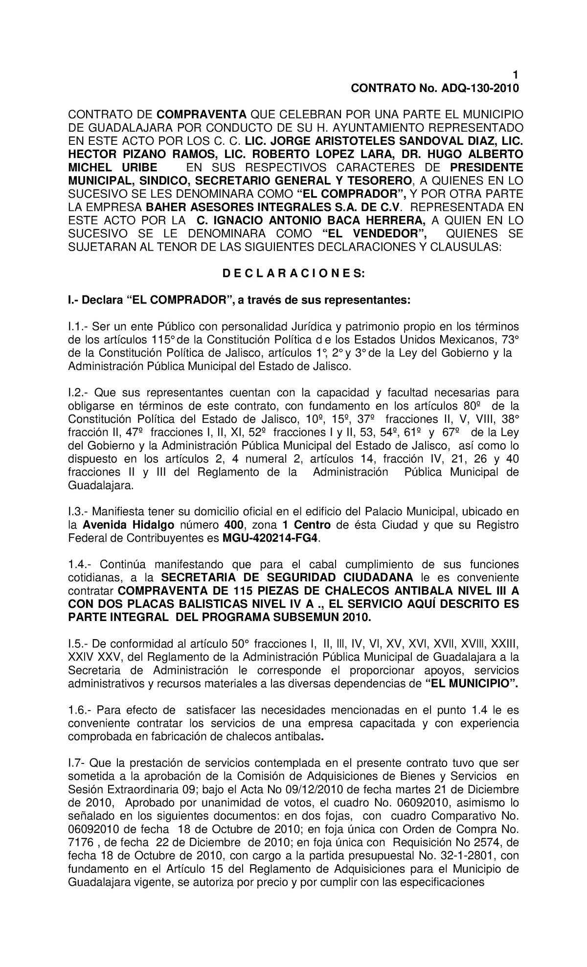 Contrato DE Compra Venta Municipio - 1 CONTRATO No. ADQ-130- CONTRATO ...