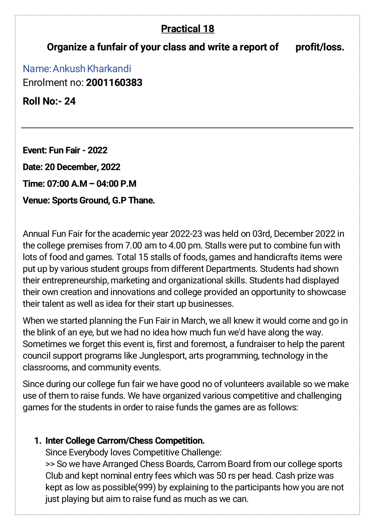EDE Practical 18 - AAAAAA - Practical 18 Organize a funfair of your class and write a report of ...