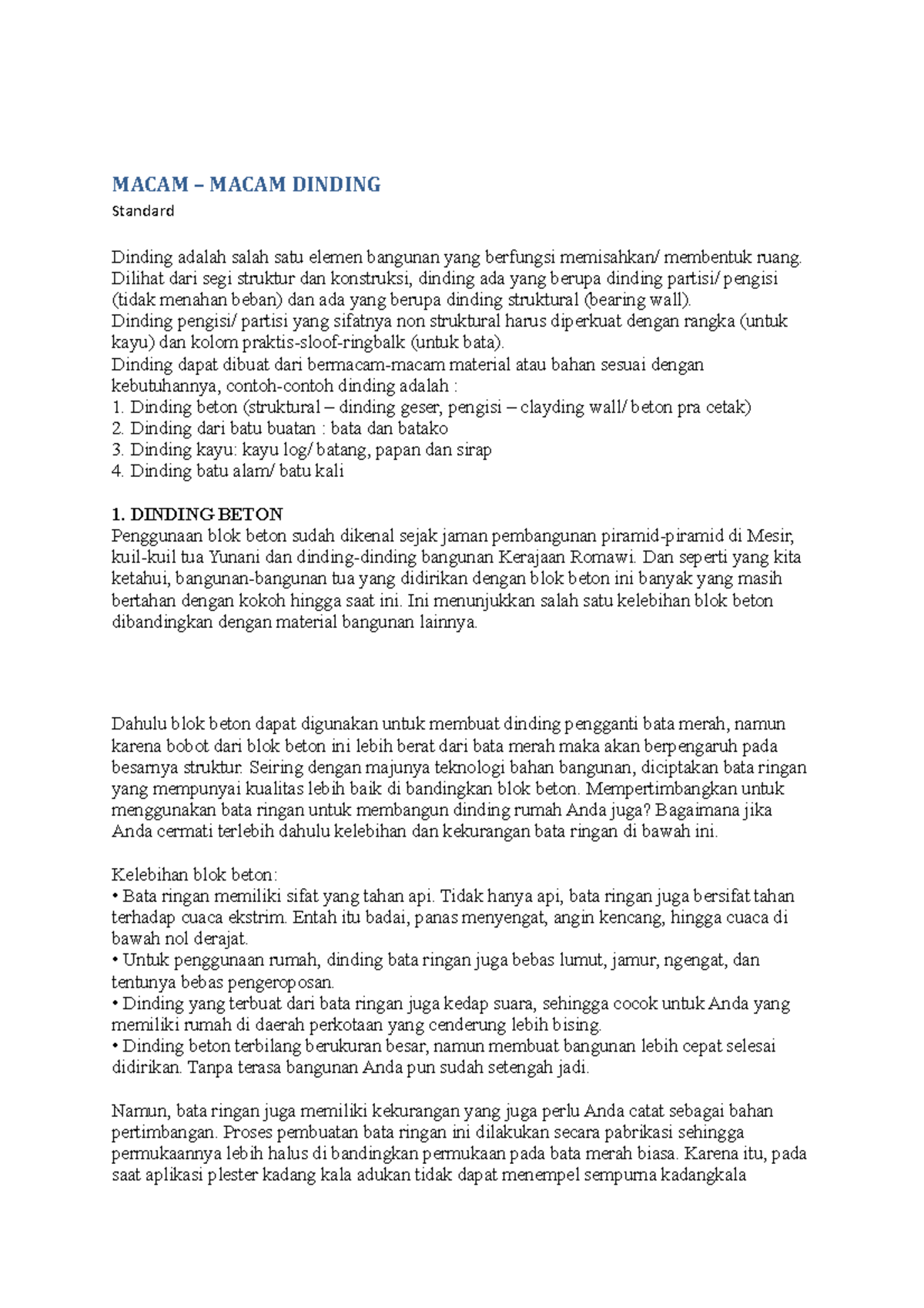 Makalah dinding - MACAM – MACAM DINDING Standard Dinding adalah salah ...