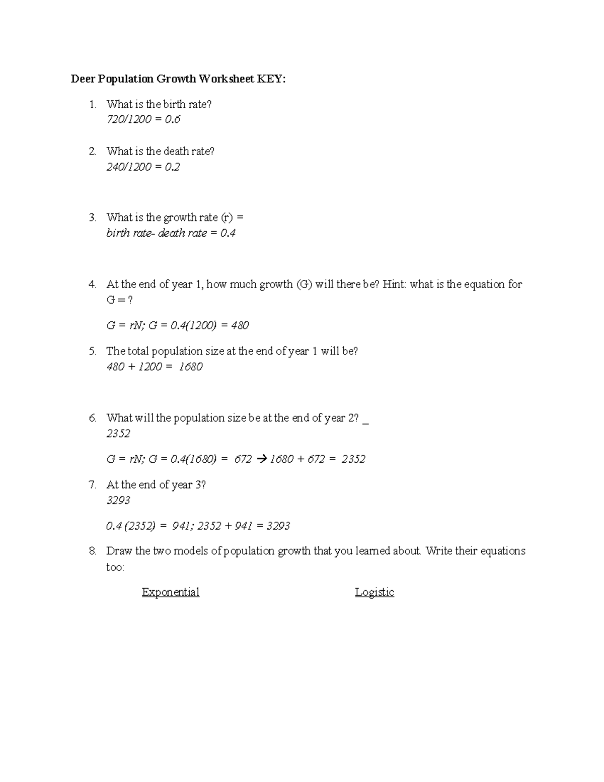 Deer population growth worksheet key - Deer Population Growth Worksheet ...
