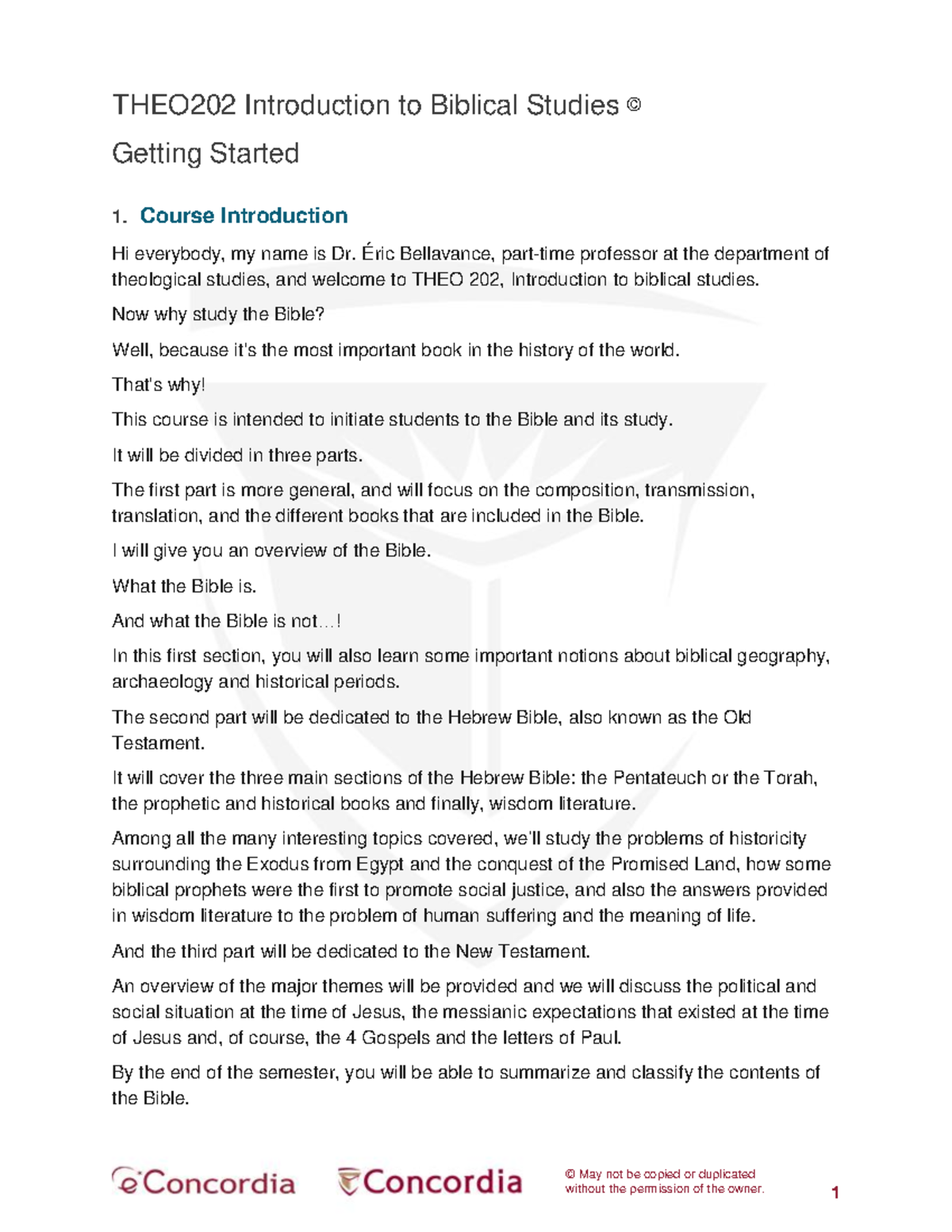 THEO202 Course Intro Transcript - 1 © May not be copied or duplicated ...