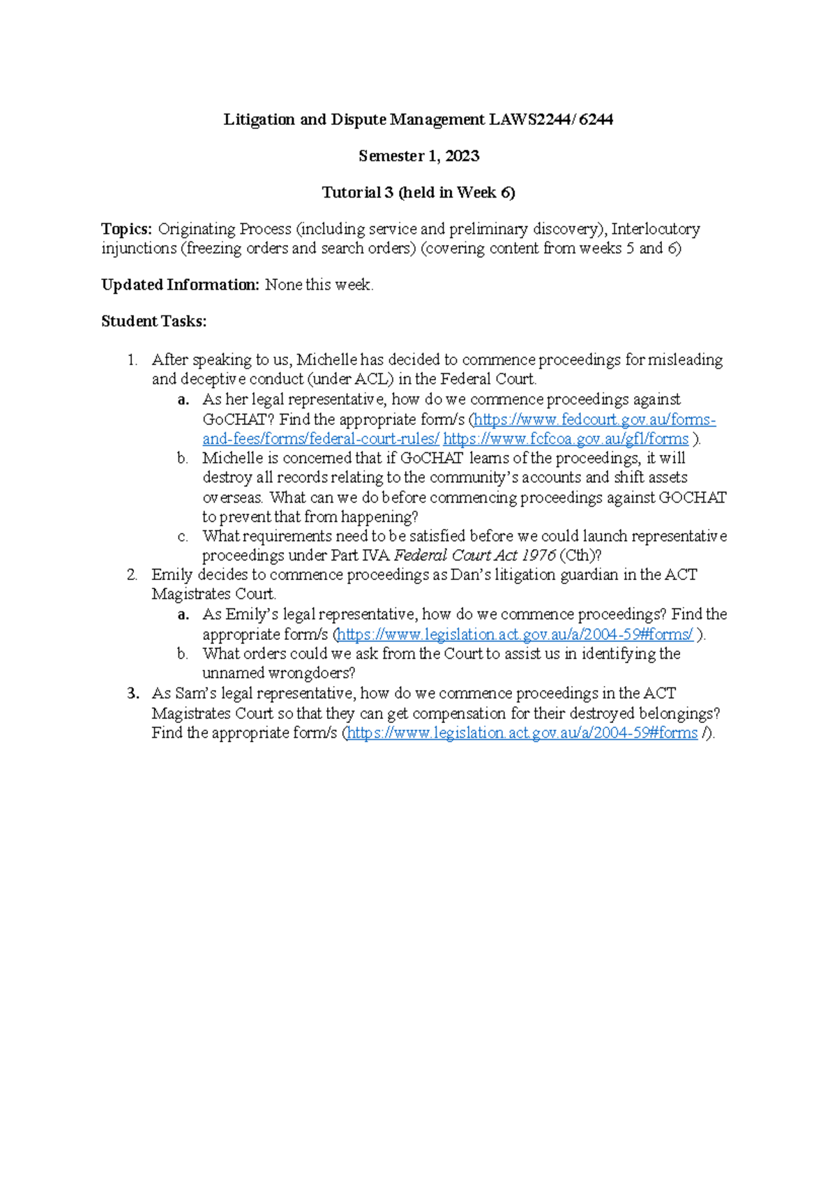7. Tasks for Tutorial 3 - Litigation and Dispute Management LAWS2244 ...