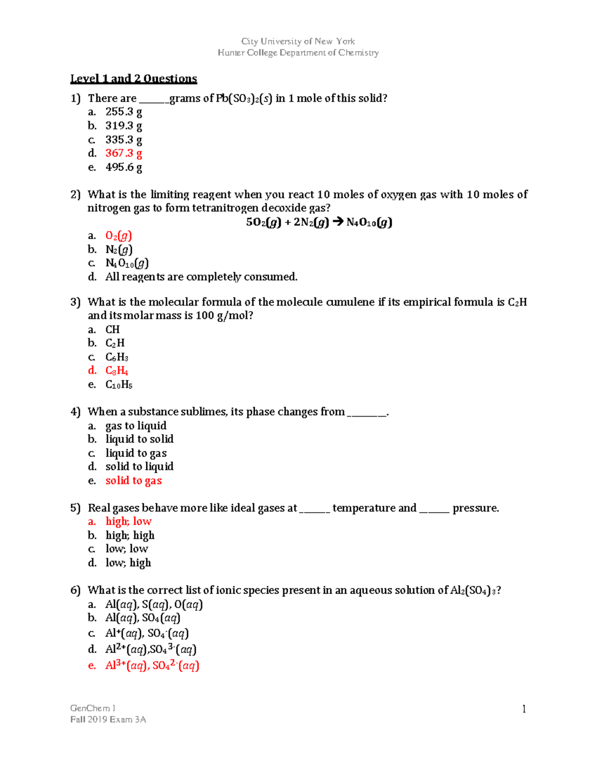 Exam3F19KEY - Hunter College Department of Chemistry GenChem I 1 Level ...