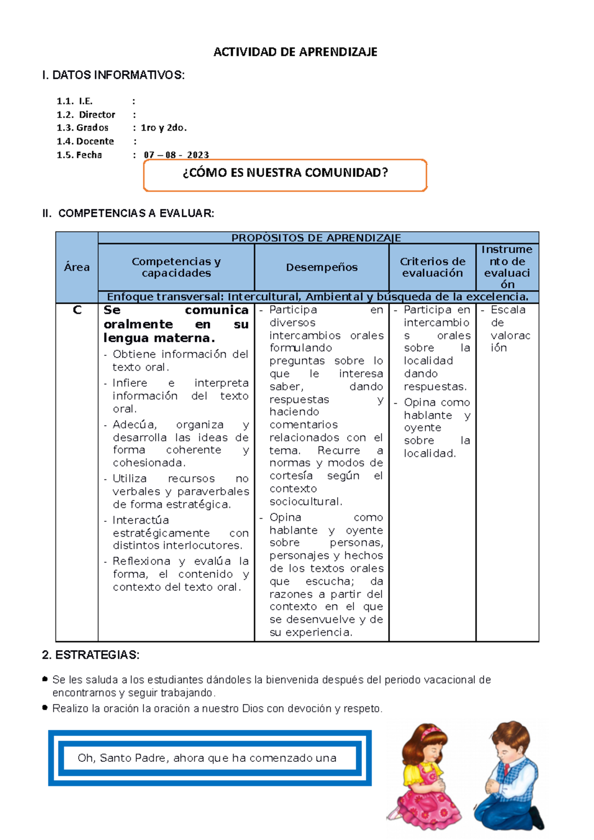 E.A. Comunicación -Mi localidad - ACTIVIDAD DE APRENDIZAJE I. DATOS ...
